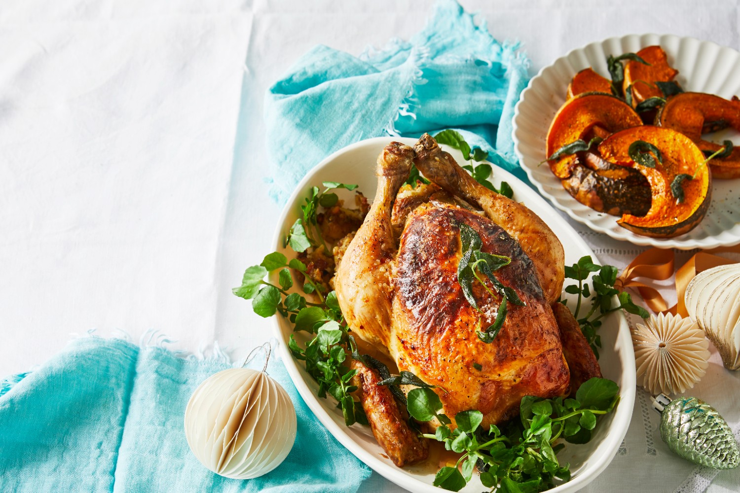 Potato-stuffed roast chicken with crispy sage and pumpkin recipe Recipe ...